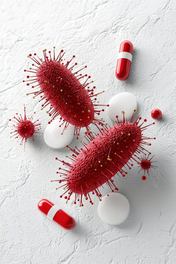 Closeup View of Bacteria Surrounded by Medicine Capsules Illustrating ...
