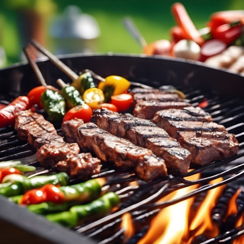 Barbeque Grill with Delicious Grilled Meat and Vegetables Stock ...