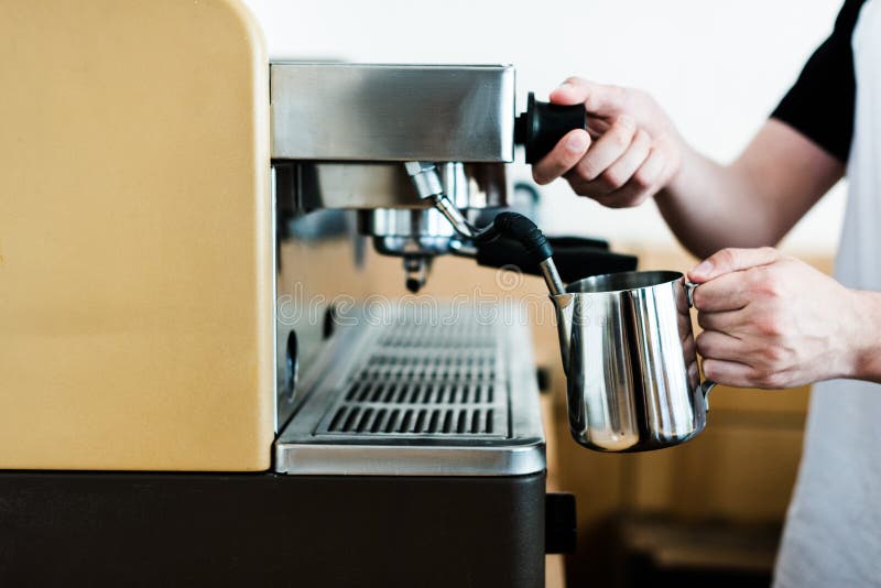 Close-up View of Barista Preparing Coffee on Modern Espresso Machine ...