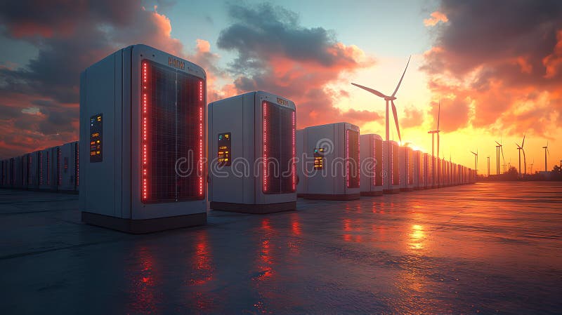 Close-Up View of Battery Cells at Sunset Stock Illustration ...