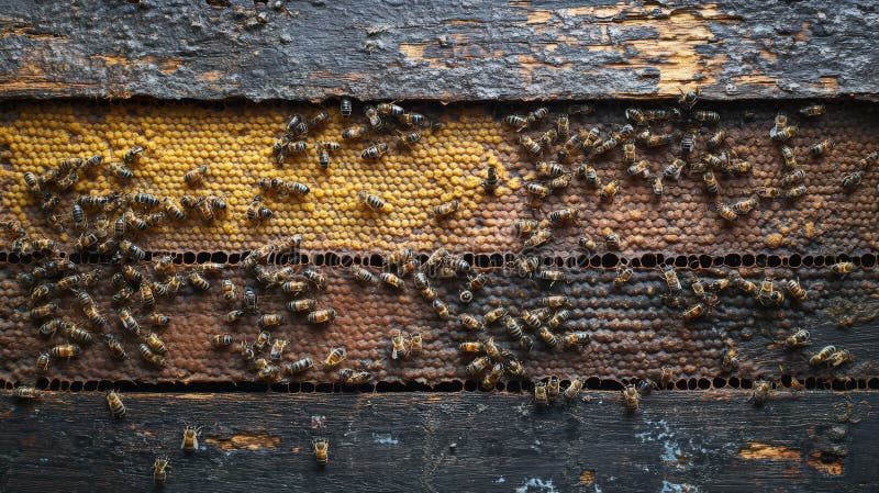 Bee Hive Frames Showcasing Honeycomb Structure and Active Bees in a ...