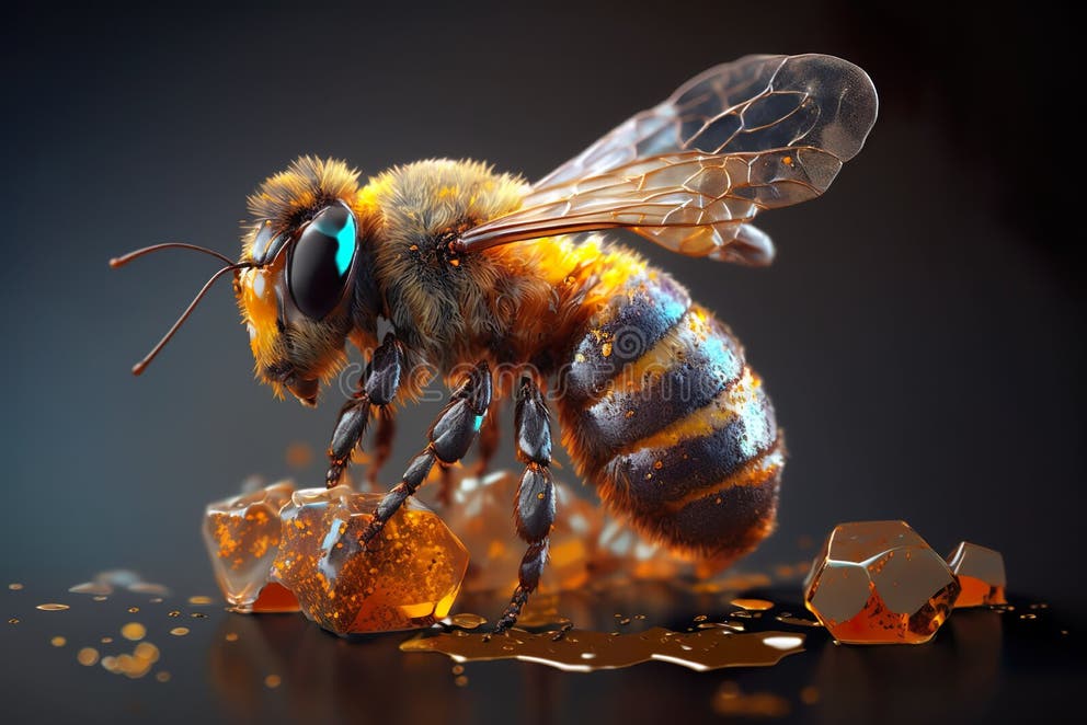 Close Up View of Bees on Honey Splash. Generative AI Stock Illustration ...