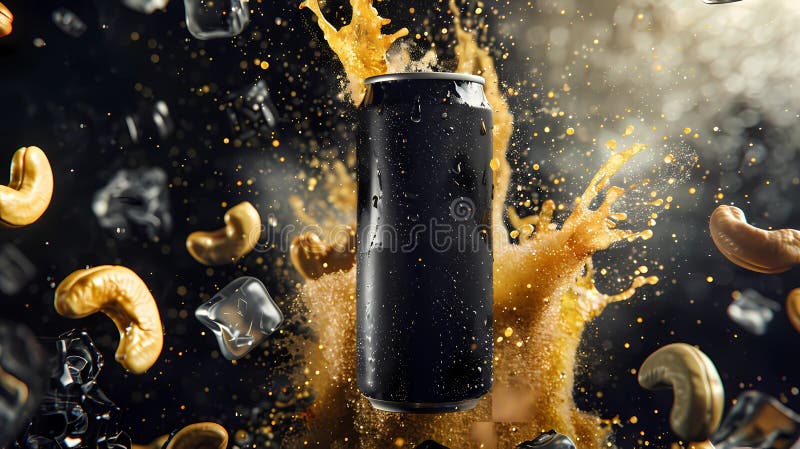 Close Up View of Black Can with Carbonated Drink and Falling Nuts on ...