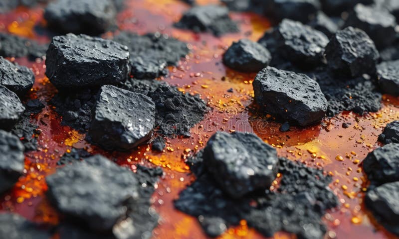 Close-up View Black Coal Pieces Scattered on Red and Orange Surface ...