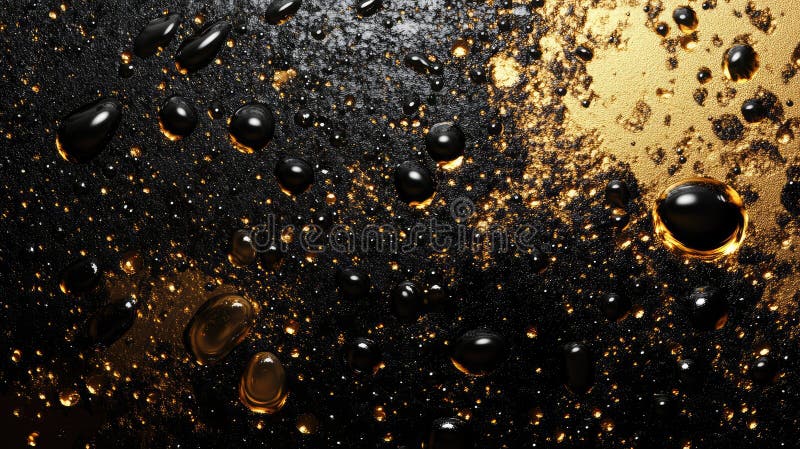 Close-Up View of Black and Gold Liquid Droplets with Bubbles Stock ...