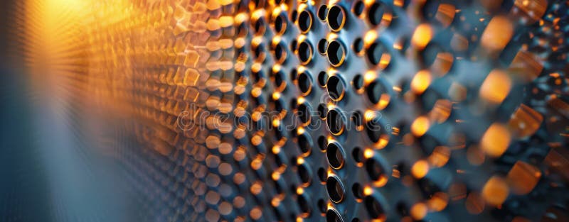 Close Up View of a Black Metal Mesh with Golden Lights Shining through ...
