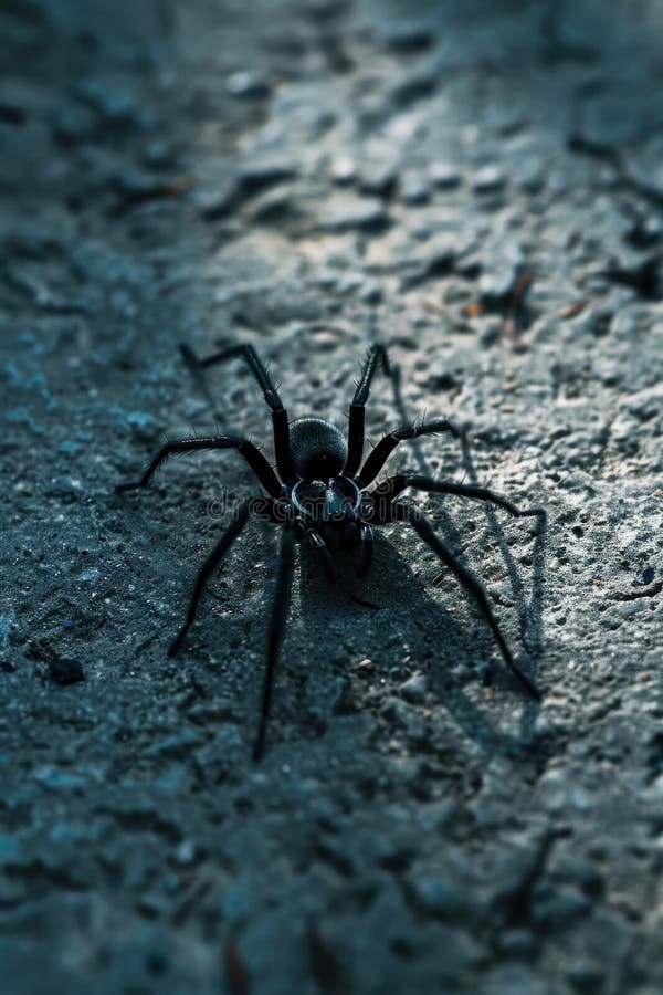 A Close-up View of a Black Spider Sitting on the Ground, Its Legs and ...