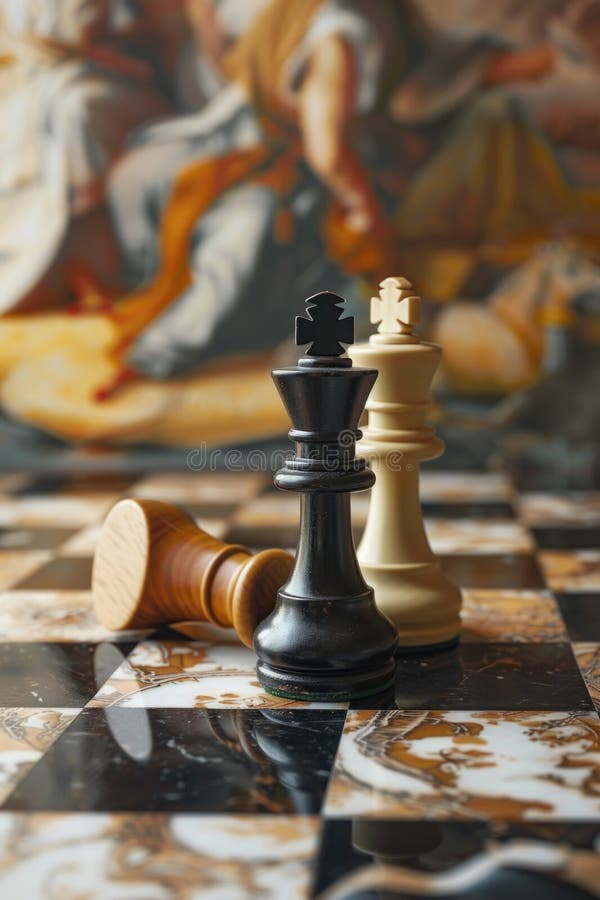 A Close-up View of a Black and White Chess Piece on a Traditional Chess ...