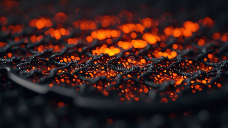 A Close-up View of a Black Wire Mesh with Orange Sparks and Glowing ...