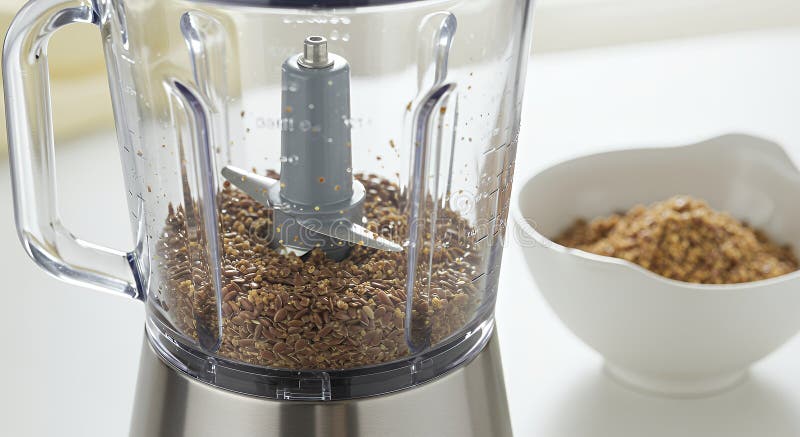 Making Flaxseed Meal: a Close-Up of Brown Flax Seeds Being Ground in a ...