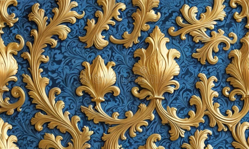 Close-up View Blue and Gold Patterned Surface, Featuring Intricate Gold ...