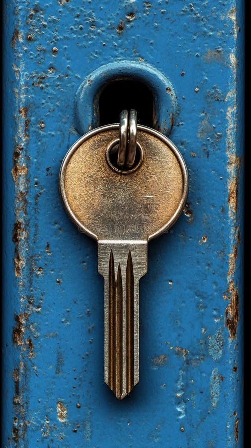 A Close-up View of a Blue Locker Featuring a Key Lock, with a Shiny Key ...