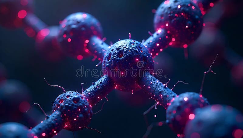 Close Up of a Molecular Structure with Blue Spheres and Pink Light on a ...