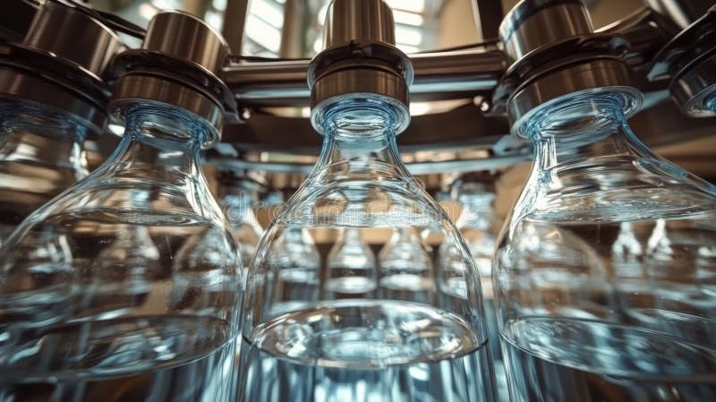 A Close-Up View of Bottling Machine Processing Transparent Bottles ...