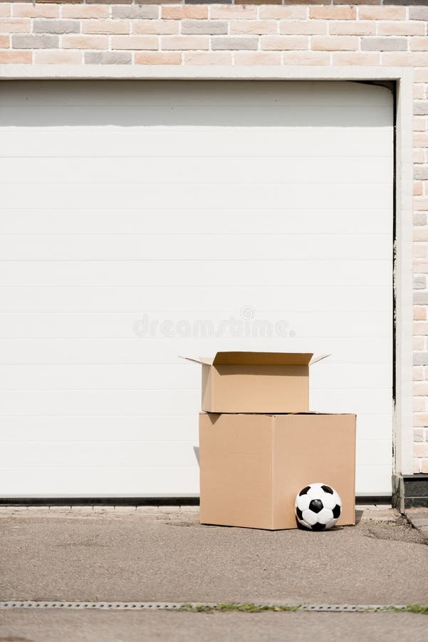 Close Up View of Boxes, Soccer Ball in Front of Stock Image - Image of ...