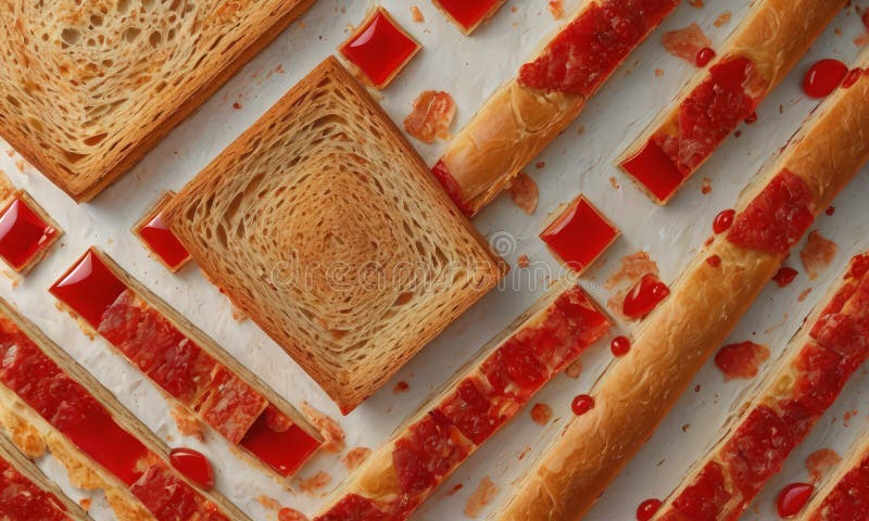 Close-up View Bread Slices with Red Ketchup, Arranged in Diagonal ...