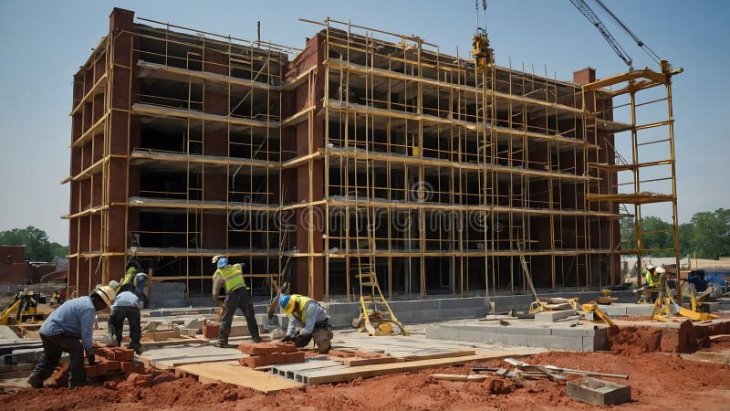 Close Up Brick Building Under Construction Workers Scaffolding Stock ...