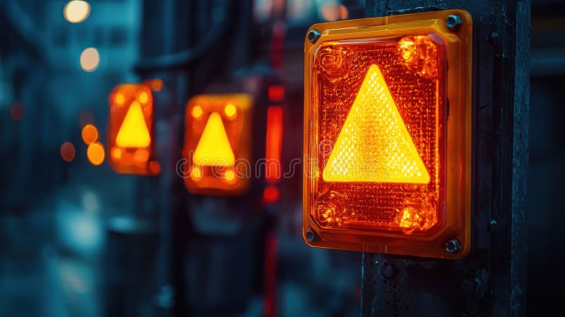 Bright Orange Warning Lights with Triangular Shape at Night Stock ...