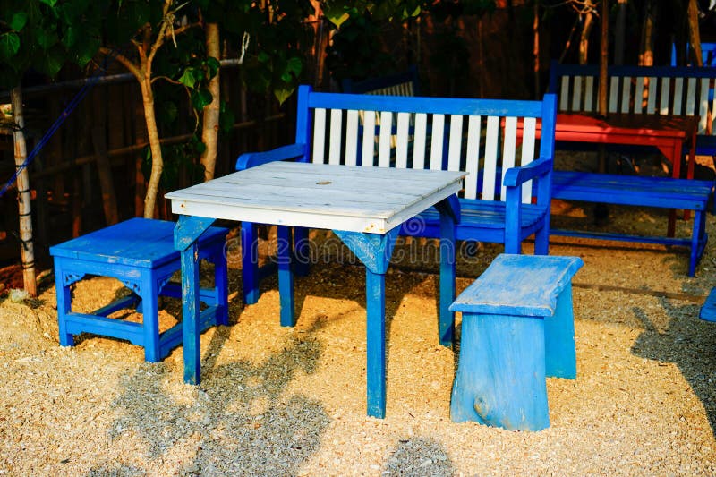 Close-up View of Cafe Benches on the Beach Sand. Stock Photo - Image of ...