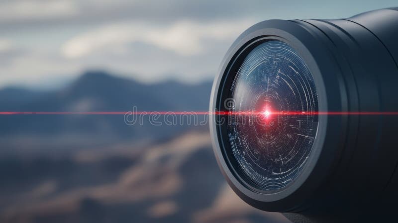 Close-up View of a Camera Lens Emitting a Red Laser, Set Against a ...