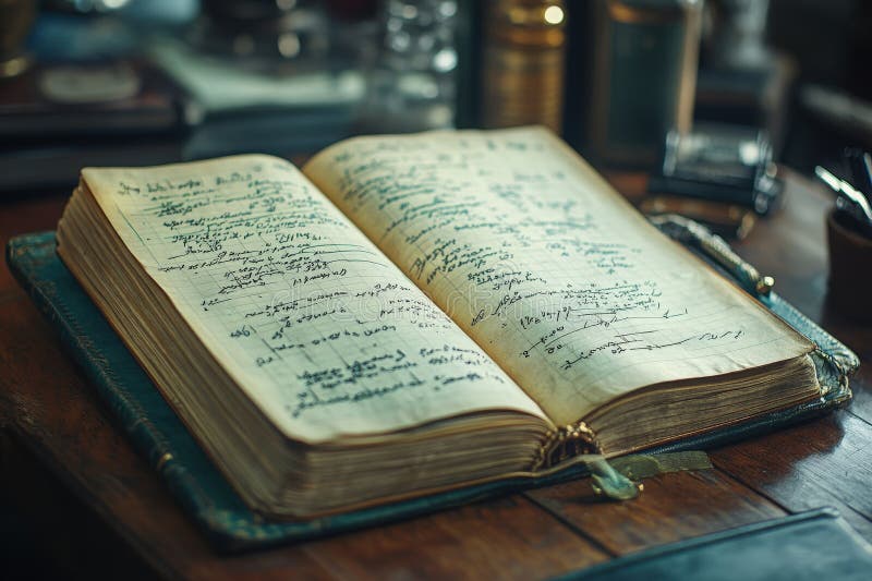 An Open Vintage Notebook Filled with Handwritten Notes on a Wooden ...