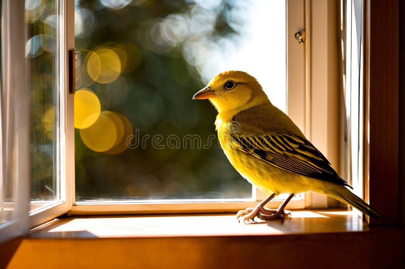 A Close-up View Captures a Yellow Bird Perched on a Windowsill, Its ...