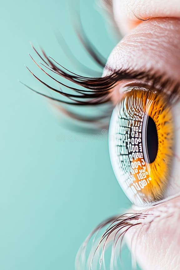 Close-up View Capturing a Human Eye Reflecting Binary Code, Symbolizing ...