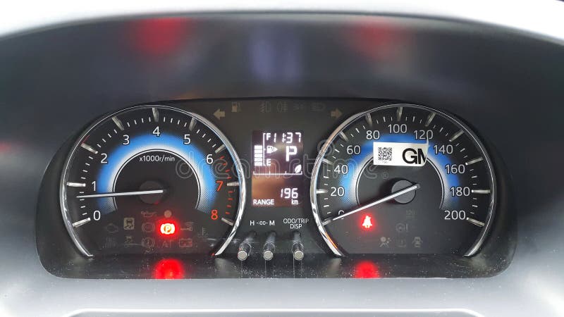 Close-up of a Car Panel with a Speedometer with Brake and Seat Belt ...