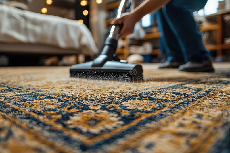Close-up View of Carpet Vacuuming by a Person in a Domestic Setting ...