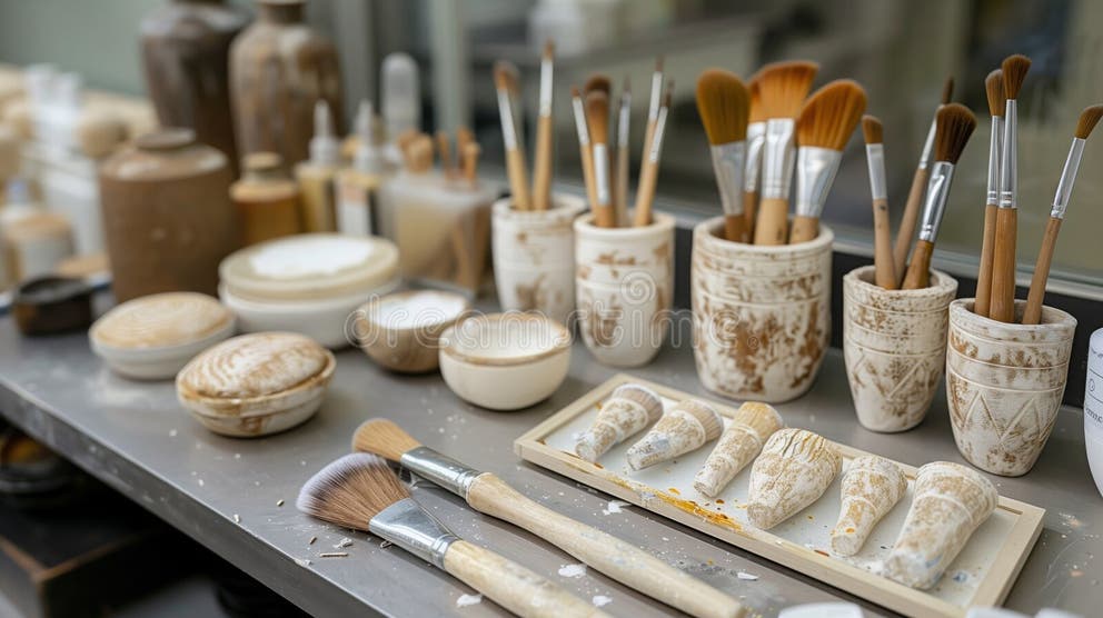 A Close-up View of Ceramic Brushes and Tools Used for Cleaning and ...