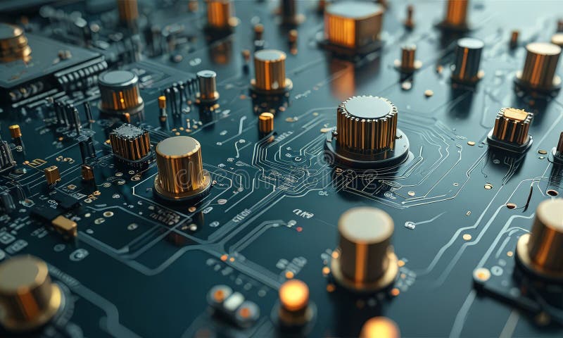 Close-up View Circuit Board Features Complex Array Gold-colored Knobs ...