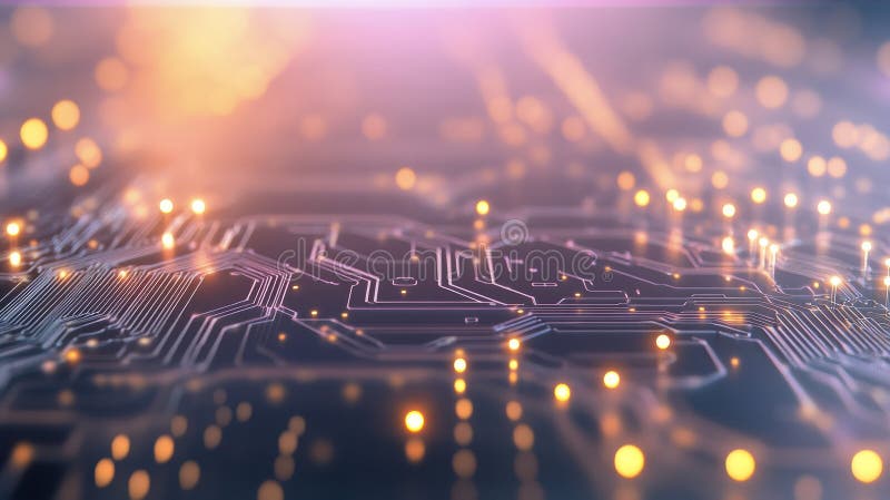 Close Up View of a Circuit Board with Glowing Lines and Floating ...