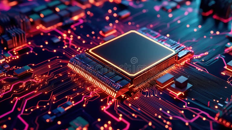 Close-up View of a Circuit Board with Glowing Microprocessor Stock ...