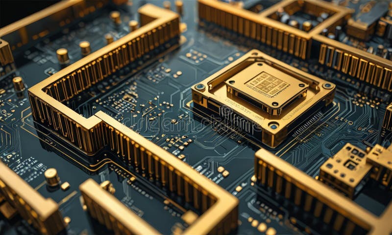 Close-up View Circuit Board with Gold-colored Connectors and Central ...