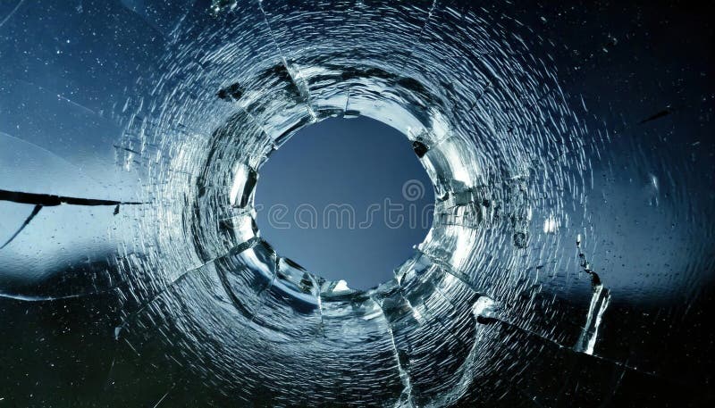 Circular Pattern of Shattered Glass Reflecting Light Against a Dark ...