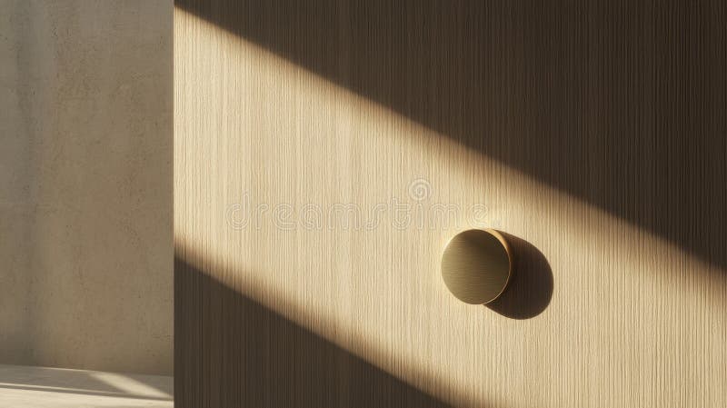 Golden Circular Door Handle on Light Brown Wood Panel with Sunlit ...