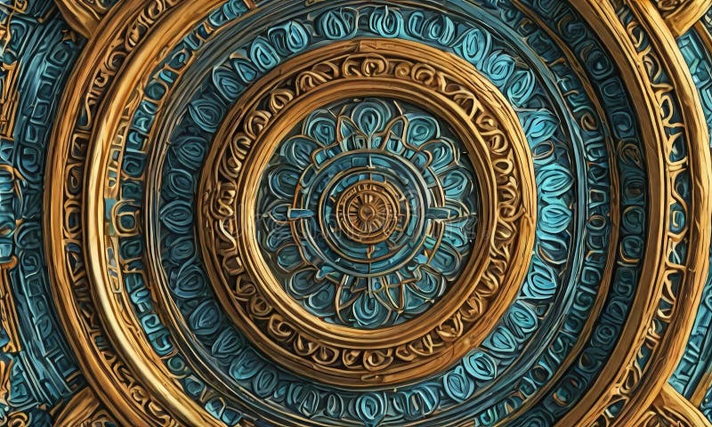 Close-up View Circular Pattern with Intricate Gold and Blue Designs ...
