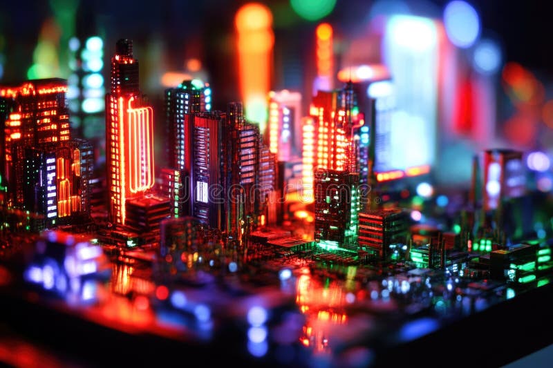 A Close-up View of a Cityscape Model Lit Up at Night, Ideal for Urban ...