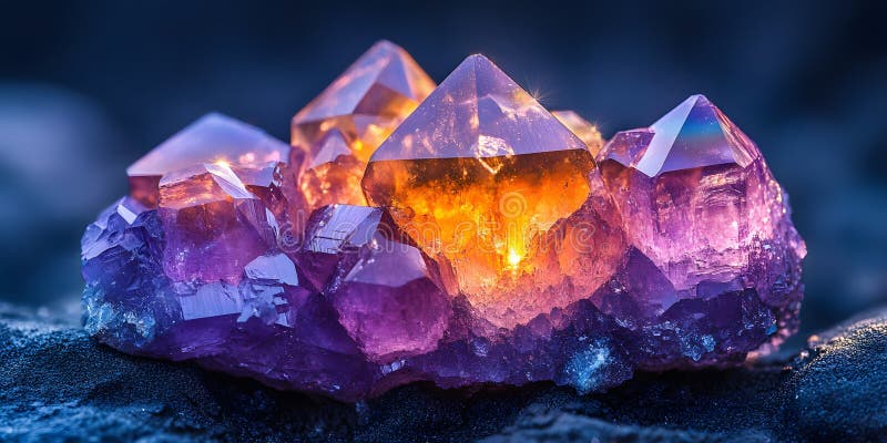 A Close Up View of a Cluster of Purple and Orange Crystals on a Dark ...