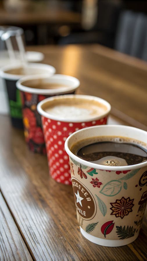Close Up View of a Coffee Cups on a Table with Different Kinds of ...