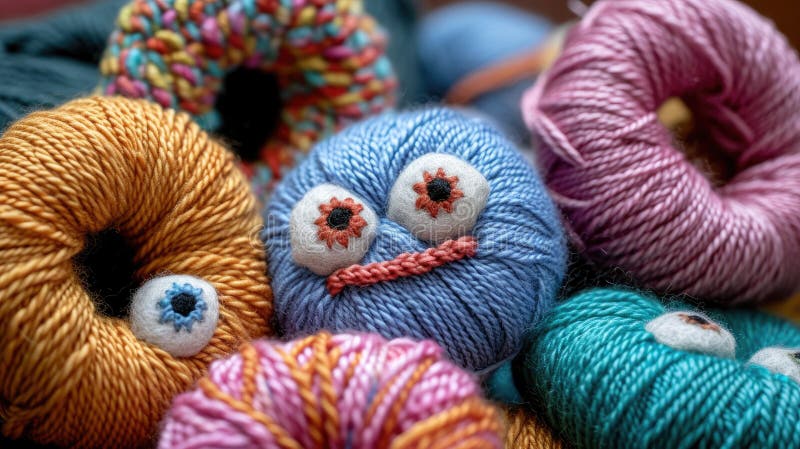 A Close-up View of a Collection of Yarn and Knitted Donuts with ...