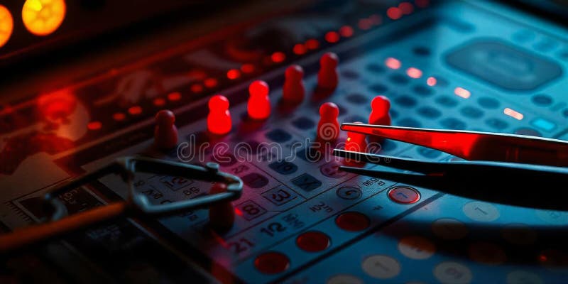 Close-up View of a Colorful Electronic Circuit Board with Lights and ...