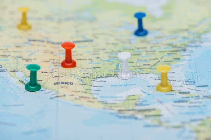 Close Up View of Colorful Push Pins on World Map. Stock Image - Image ...