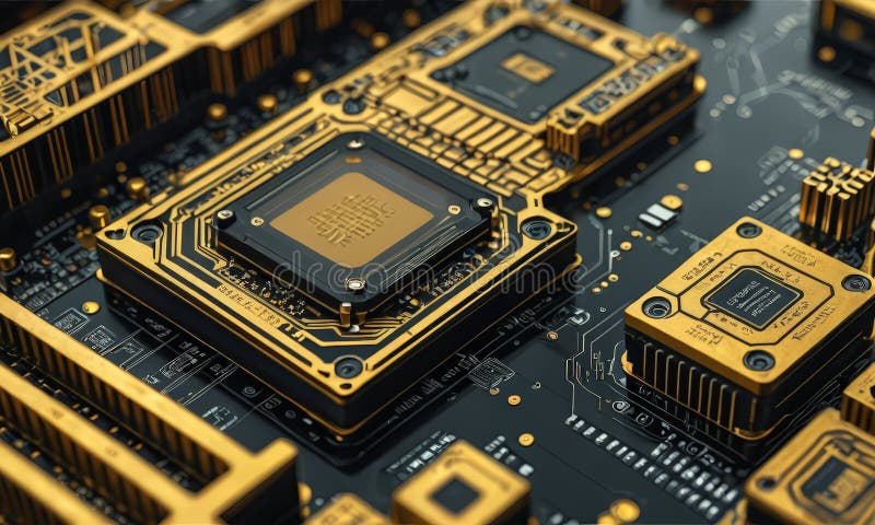 Close-up View Complex Circuit Board with Gold and Black Components ...