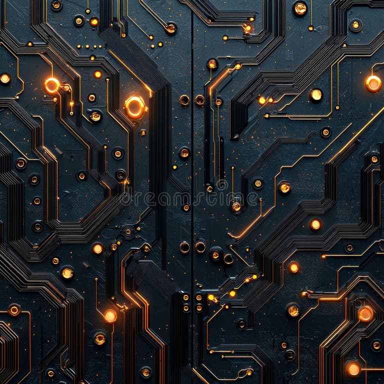 Close-up View of a Complex Circuit Board with Gold and Orange ...