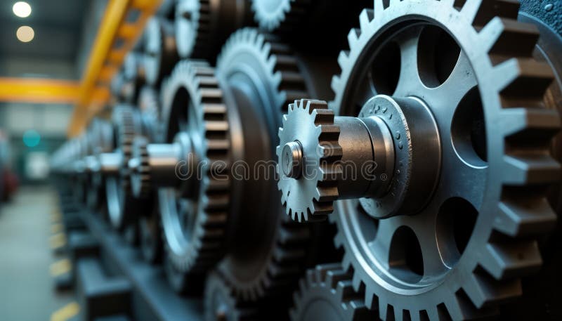 Close-up View of Complex Industrial Machinery Gears. Metal Gears Mesh ...