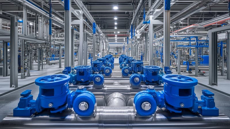 Industrial Piping System with Blue Valves in Modern Factory Stock Image ...