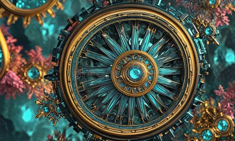 Close-up View Complex Mechanical Device with Intricate Blue and Gold ...