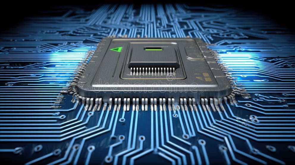 Close-Up View of a Computer Chip on a Circuit Board with Digital ...