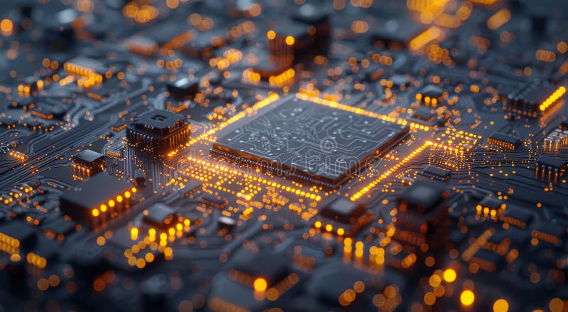 Close-Up View of a Computer Chip Illuminated with Orange Light Stock ...